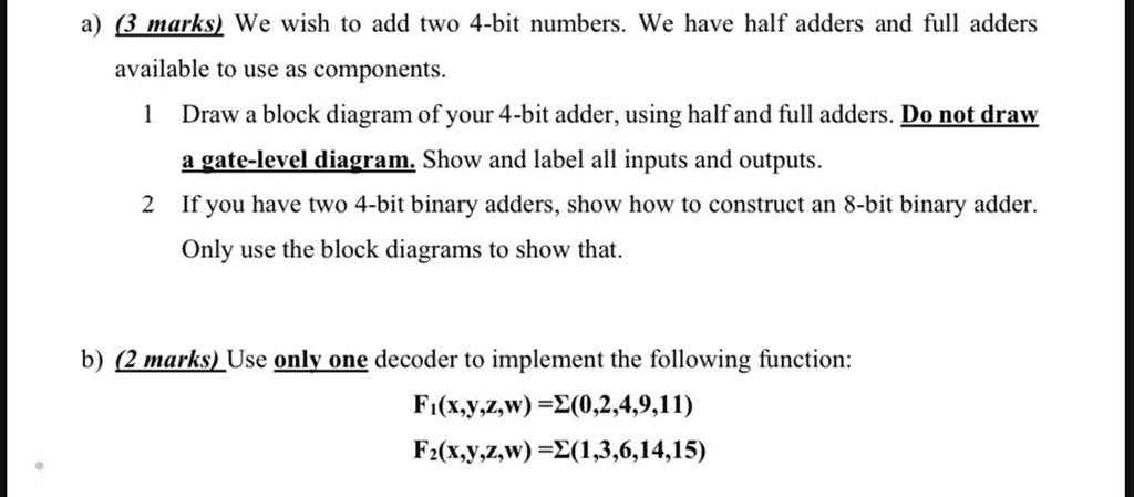 a) (3 marks) We wish to add two 4-bit numbers. We have half adders and ...
