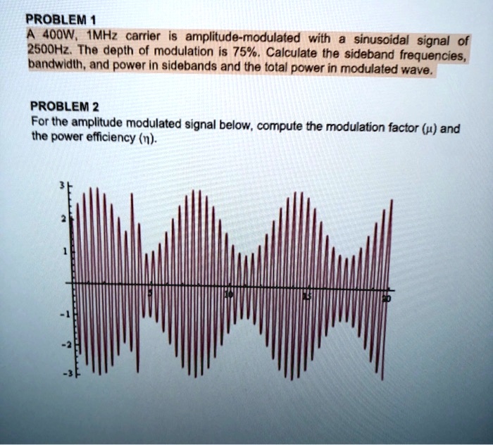 PROBLEM 1 A 400W, 1MHz carrier is amplitude-modulated with a sinusoidal signal of 2500Hz. The ...