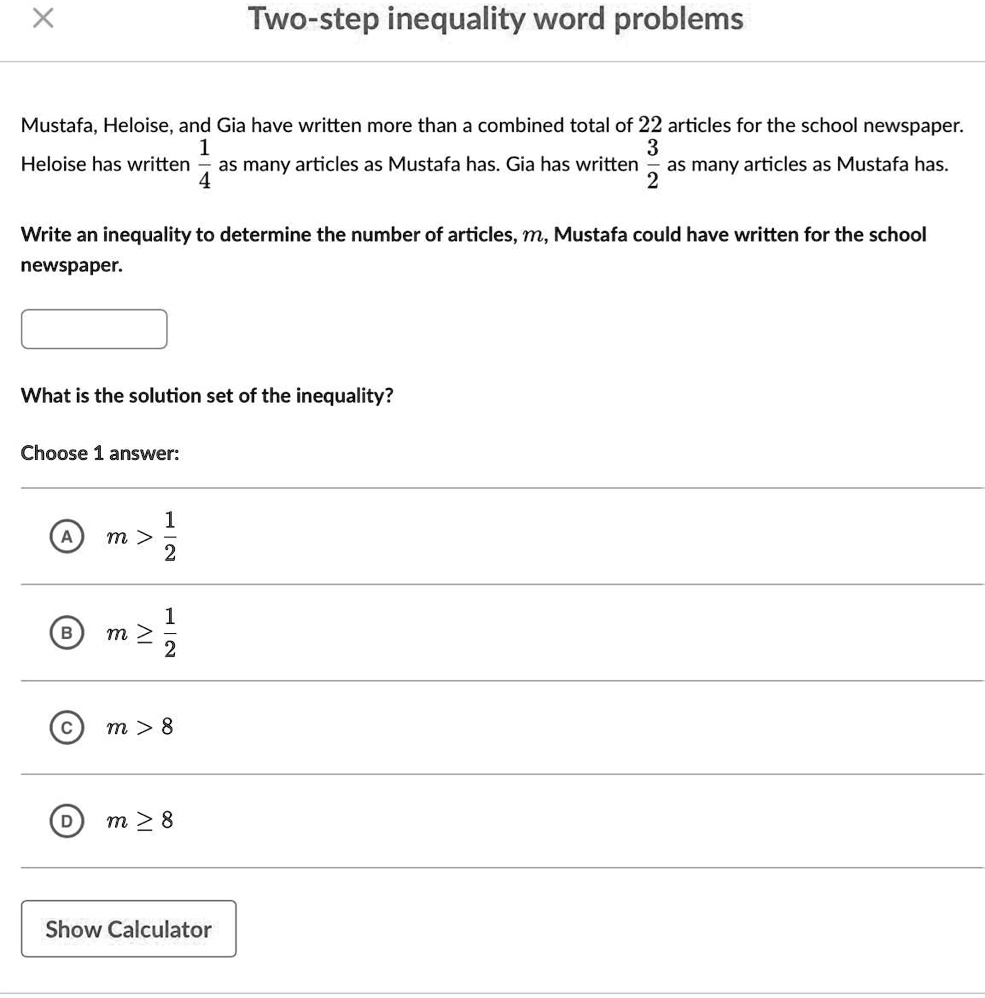 Two-step inequality word problems Mustafa, Heloise, and Gia have ...