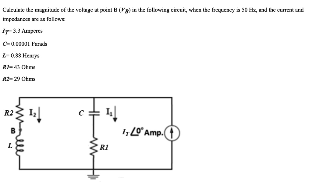 Calculate the magnitude of the voltage at point B (VB) in the following ...