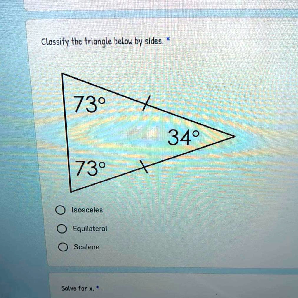 SOLVED: 'Help me please Thank you !! Classify the triangle below by ... SOLVED: 'Help me please Thank you !! Classify the triangle below by ...