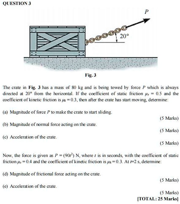 SOLVED: QUESTION 3 208 The crate in Fig 3 has a mass of 80 kg and is being towed by force P ...