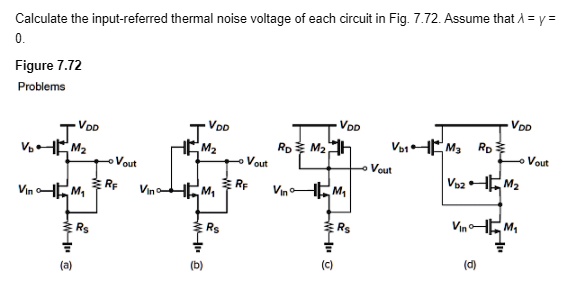 Calculate the input-referred thermal noise voltage of each circuit in Fig. 7.72. Assume that λ ...