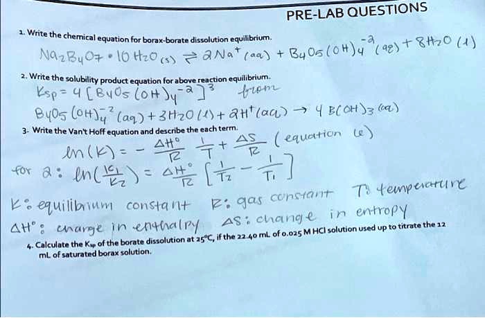 need help with 4 thanks pre lab questions wnite the chemical equation ...