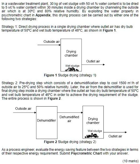 In a wastewater treatment plant, 30 kg of wet sludge with 50 wt.% water content is to be dried ...