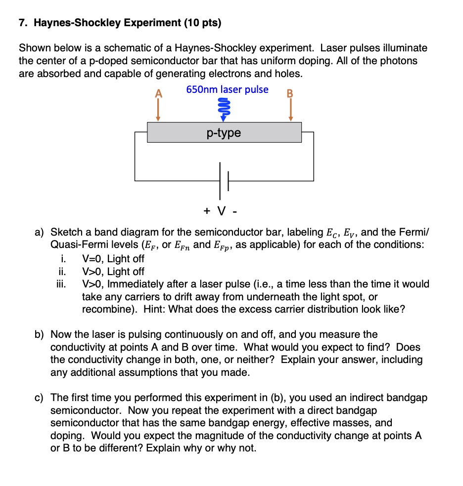 SOLVED: 7. Haynes-Shockley Experiment (10 pts) Shown below is a ...