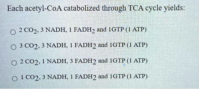 SOLVED: Each acetyl-CoA catabolized through TCA cycle yields: 2 CO2,3 ...
