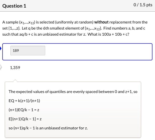 question 1 015 pts a sample x1x12 is selected uniformly at random without replacement from the ...