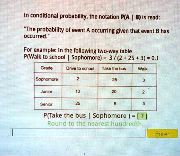 SOLVED: In conditional probability, the notation P(A âˆ© B) is read: "The probability of event A ...