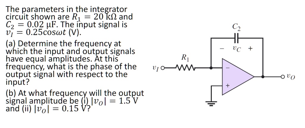 The parameters in the integrator circuit shown are R1 = 20 kΩ and C2 ...
