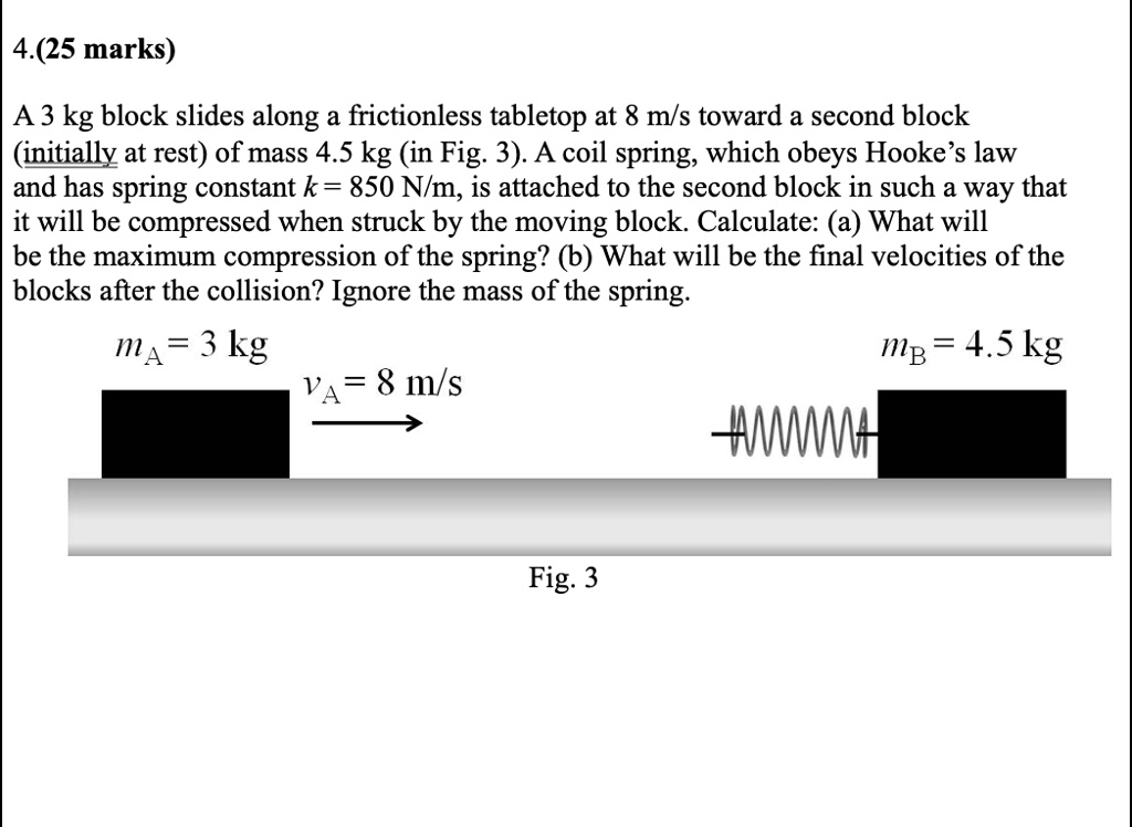 SOLVED: A 3 kg block slides along a frictionless tabletop at 8 m/s toward a second block ...