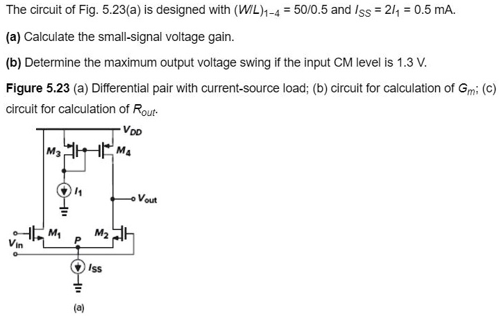 SOLVED: The circuit of Fig. 5.23a is designed with W/L1-4=50/0.5 and Iss=2/1=0.5mA. (a ...