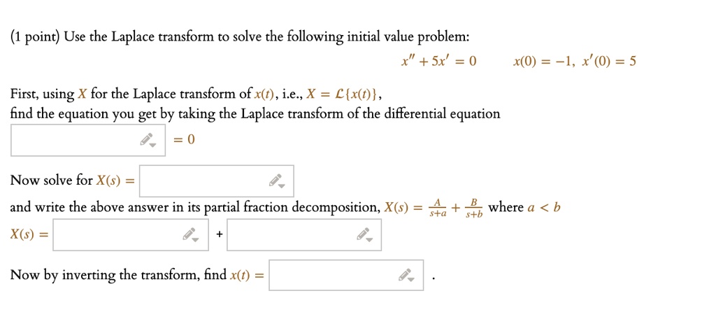 SOLVED: point) Use the Laplace transform to solve the following initial ...
