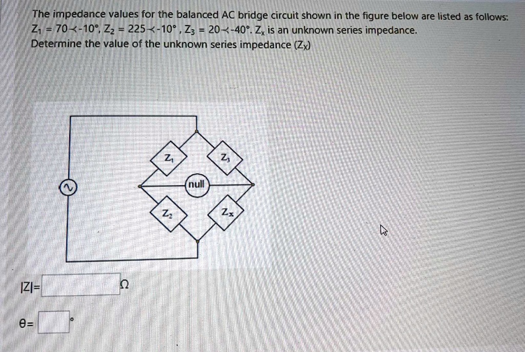 SOLVED: The impedance values for the balanced AC bridge circuit shown in the figure below are ...