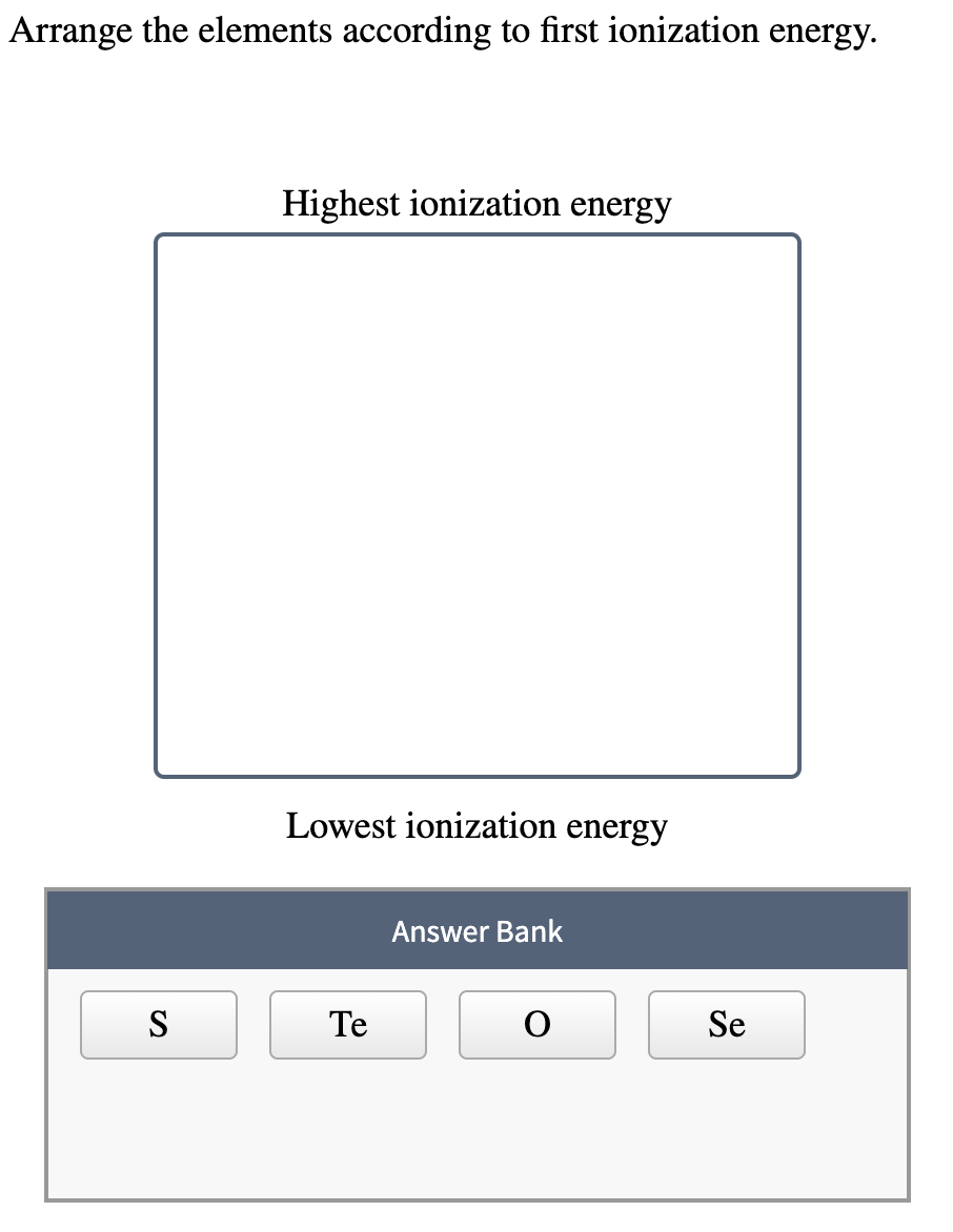 Arrange the elements according to first ionization energy. Highest ...