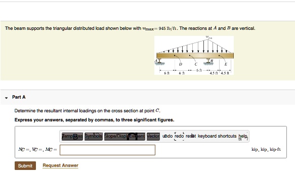 SOLVED: The beam supports the triangular distributed load shown below with max = 945 lb/ft. The ...