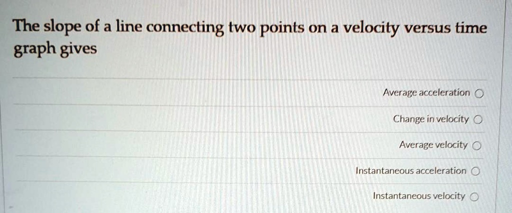 SOLVED: The slope of a line connecting two points on a velocity versus ...