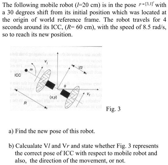 SOLVED: The following mobile robot (l=20 cm) is in the pose p=[3,1 ...