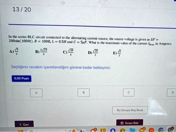 SOLVED: In the series RLC circuit connected to the alternating current ...