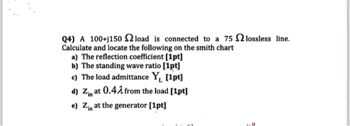 q4 a 100j150 load is connected to a 75 lossless line calculate and locate the following on the ...