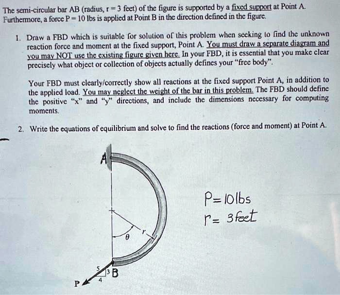 SOLVED: The semi-circular bar AB, with a radius r = 3 feet, of the ...