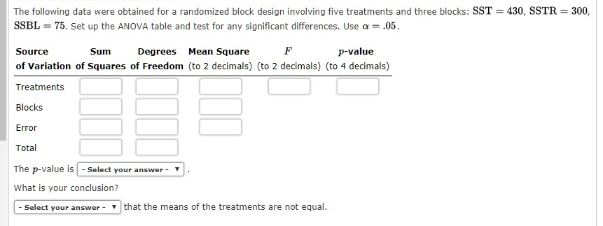 SOLVED: The following data were obtained for randomized block design involving five treatments ...