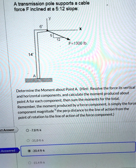 SOLVED: A transmission pole supports a cable force F inclined at a 5 ...