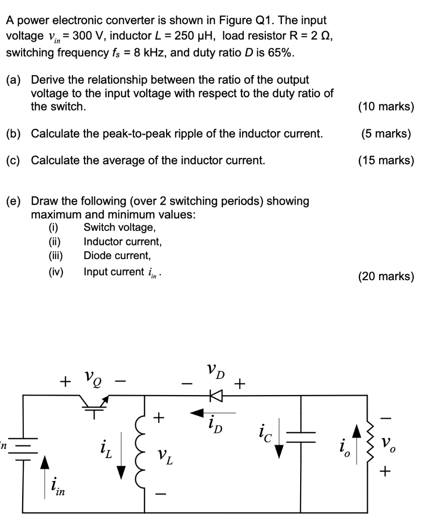 A power electronic converter is shown in Figure Q1. The input voltage vin = 300 V, inductor L ...