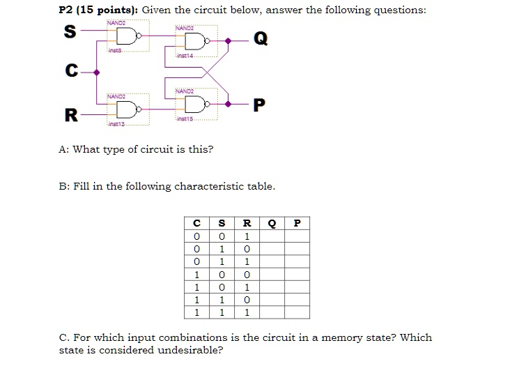 P2 (15 points): Given the circuit below, answer the following questions: NAND2 S NAND2 Q inst9 ...