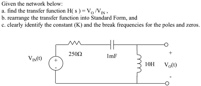 SOLVED: Given the network below: a. Find the transfer function H(s ... SOLVED: Given the network below: a. Find the transfer function H(s ...