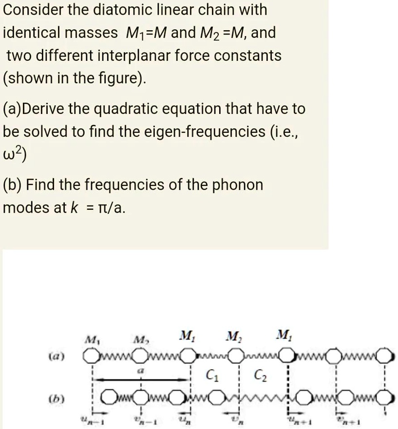 SOLVED: Consider the diatomic linear chain with identical masses M1-M and Mz =M, and two ...