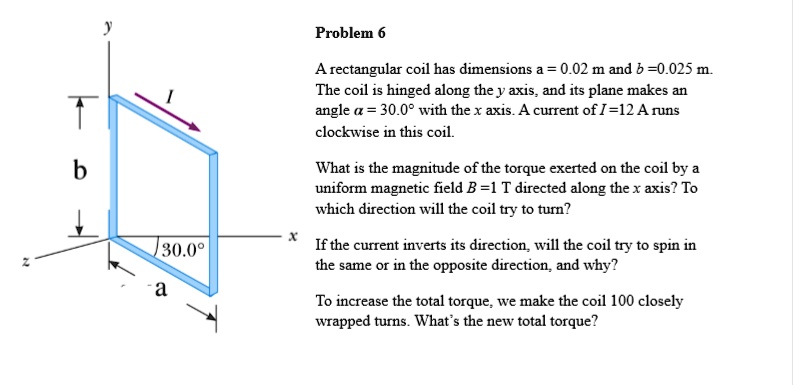 SOLVED: Problem 6 Arectangular coil has dimensions a = 0.02 m and b =0.025 m The coil is hinged ...