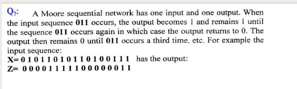 SOLVED: Qz: AS Moore sequential network has one input and one output When the input sequence 01 ...