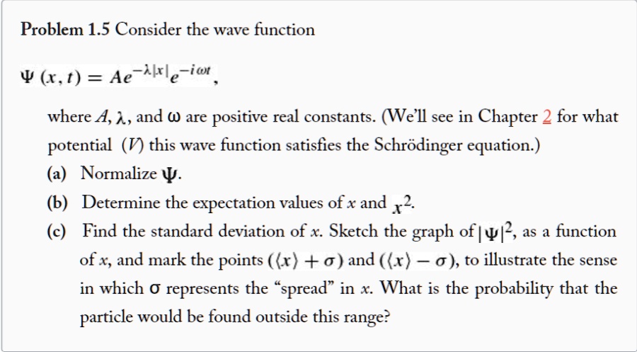 Problem 1.5 Consider the wave function ? (x,t) = Ae -?|x| e -i?t , where A, ?, and ? are ...
