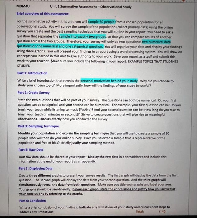 mdm4u unit 1summative assessment observational study brief overview of ...