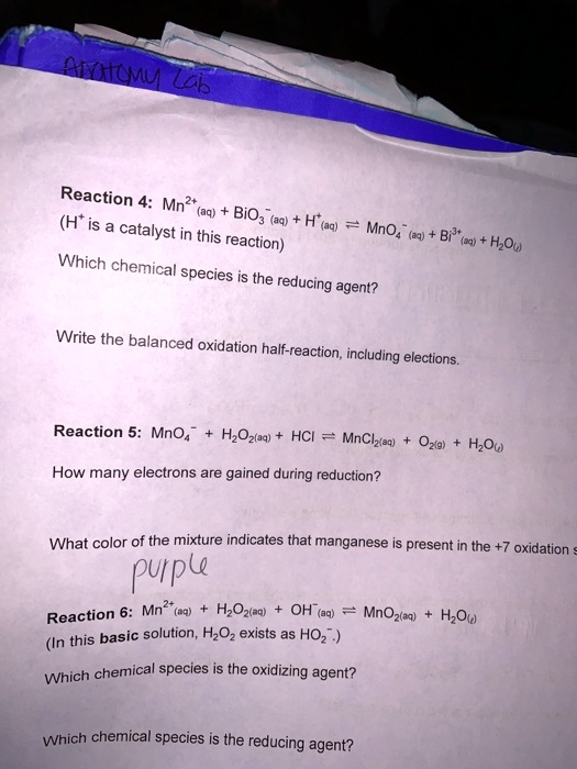 Reaction Mn2+ (aq) (H2O2 is BiO3- (aq) H+ (aq) catalyst in this MnO4 ...