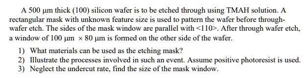 A 500 µm thick (100) silicon wafer is to be etched through using TMAH ...