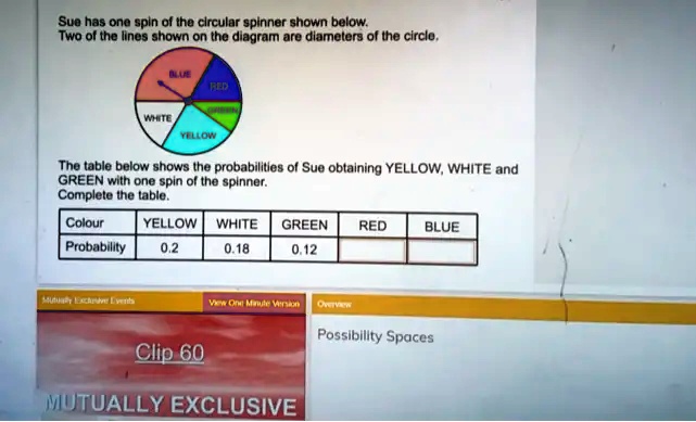 Sue has one spin of the circular spinner shown below: Two of the lines ...