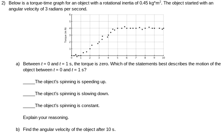 SOLVED: Below is a torque-time graph for an object with a rotational inertia of 0.45 kg*mÂ². The ...
