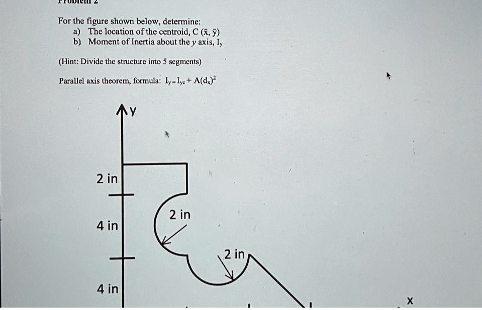 For the figure shown below, determine: a) The location of the centroid, C (x, y) b) Moment of ...