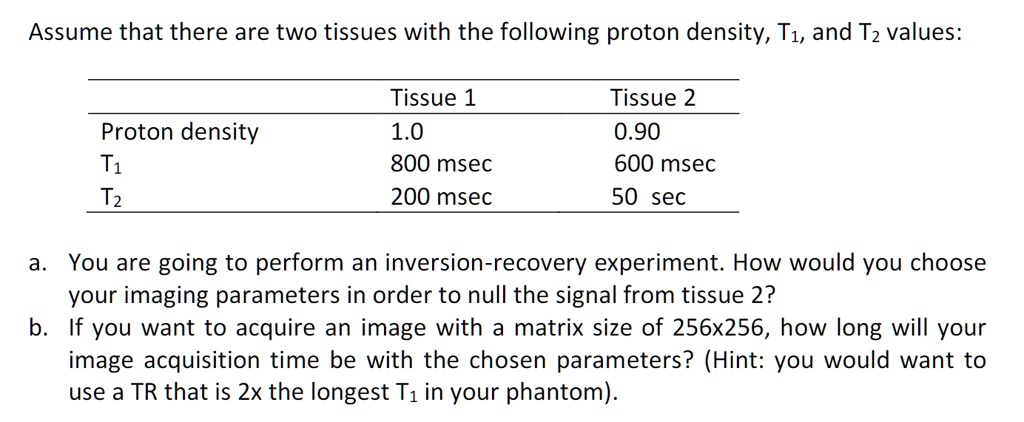 SOLVED: Assume that there are two tissues with the following proton ...