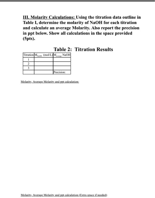 SOLVED: Molarity Calculations: Using the titration data outlined in Table 2, determine the ...