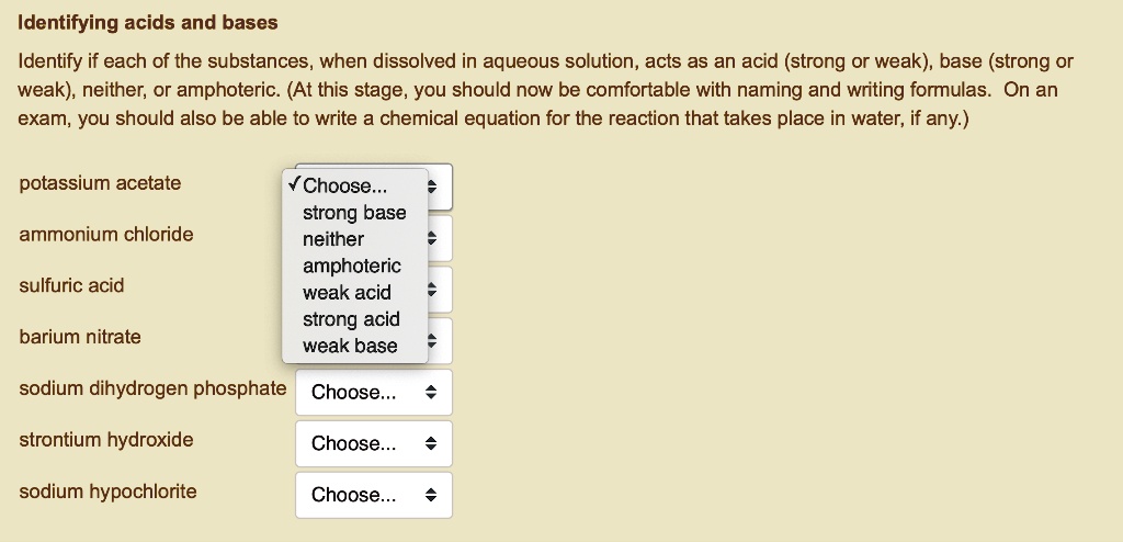 identifying acids and bases identify if each of the substances when ...