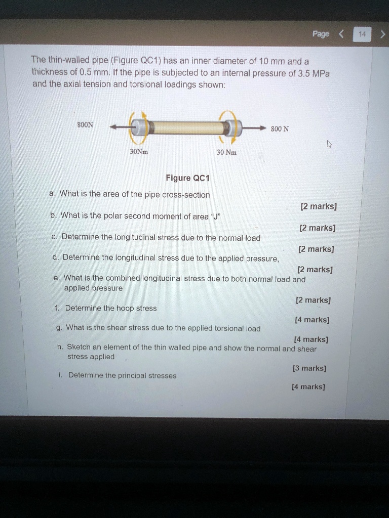 The thin-walled pipe (Figure QC1) has an inner diameter of 10 mm and a ...