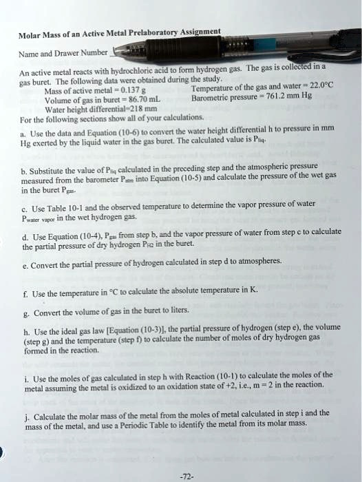 SOLVED: Molar Mass of an Active Metal PrcEaboraton Assignmcut Name ud ...