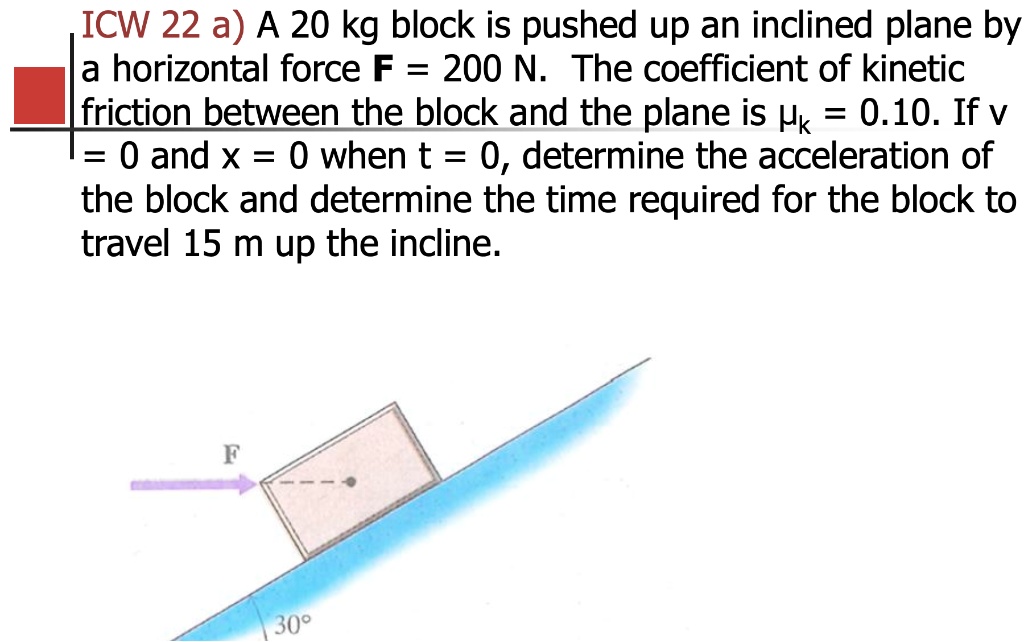 SOLVED: ICW 22 a) A 20 kg block is pushed up an inclined plane by a horizontal force F = 200 N ...