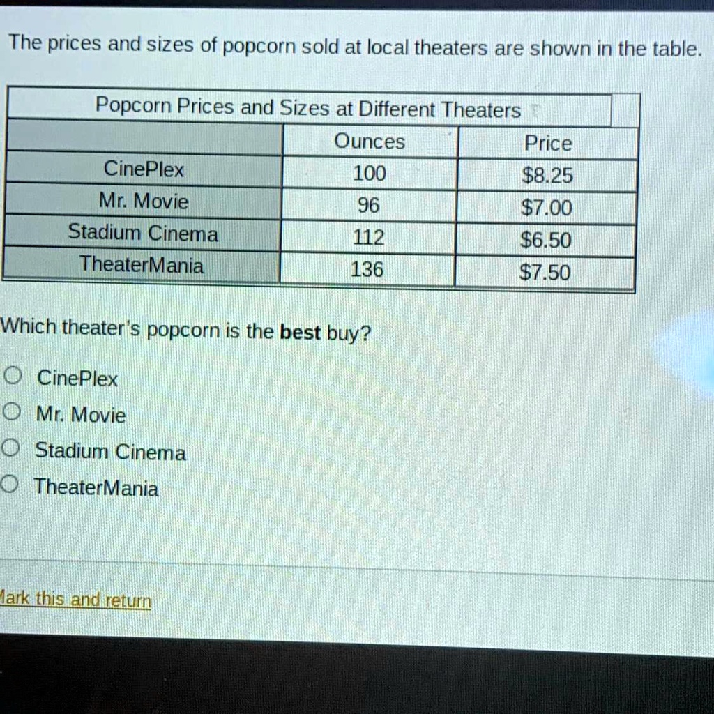 the prices and sizes of popcorn sold at local theaters are shown in the ...