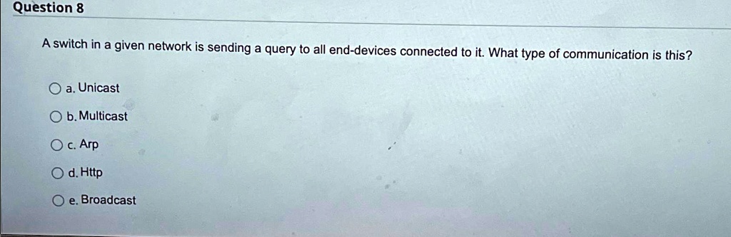 SOLVED: Question 8 A switch in a given network is sending a query to all end-devices connected ...