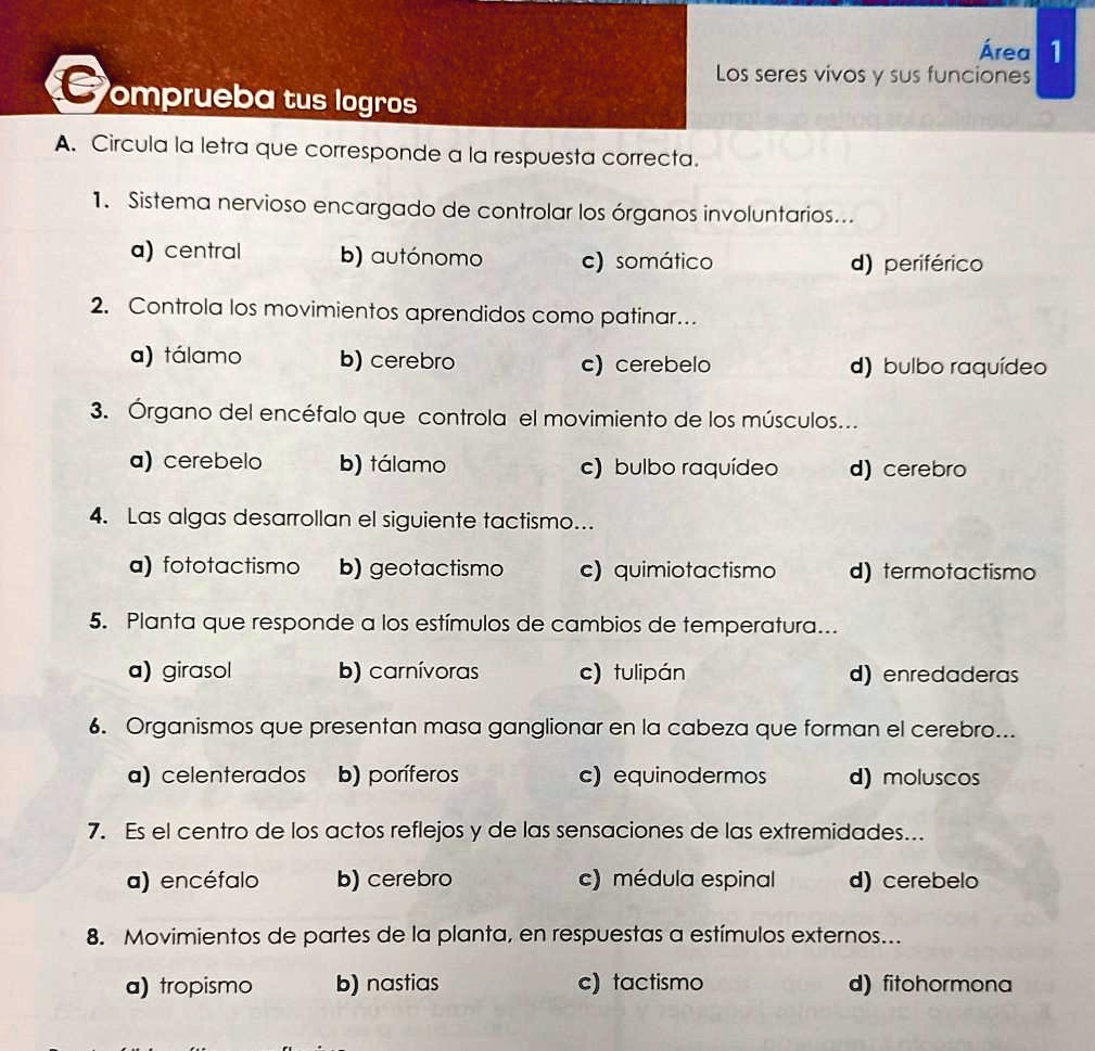 SOLVED: Ayuda porfavor y gracias. Área Los seres vivos Y sus funciones ...
