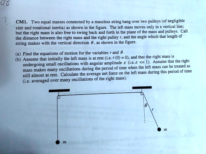 SOLVED: CMI: Two equal masses connected by a massless string hang over two pulleys (of ...
